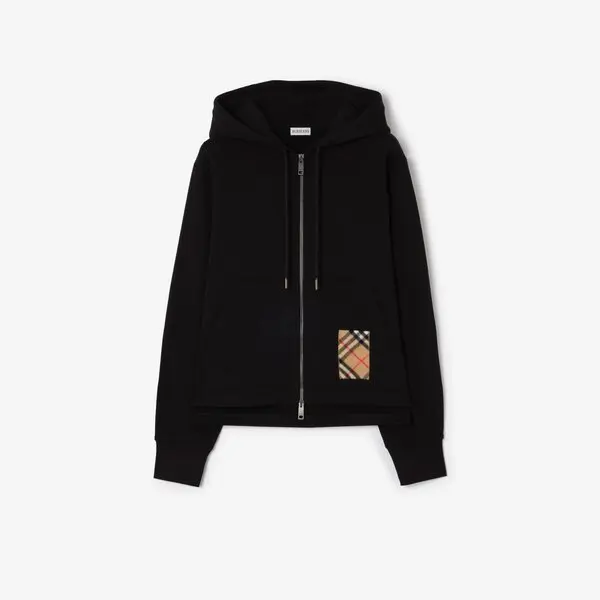 Burberry Cashmere Check Patch Cotton Zip Hoodie - Black