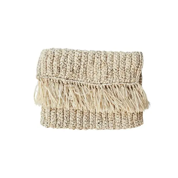 OHSUN Neutrals Ebba Raffia Fringe Pouch Vanilla