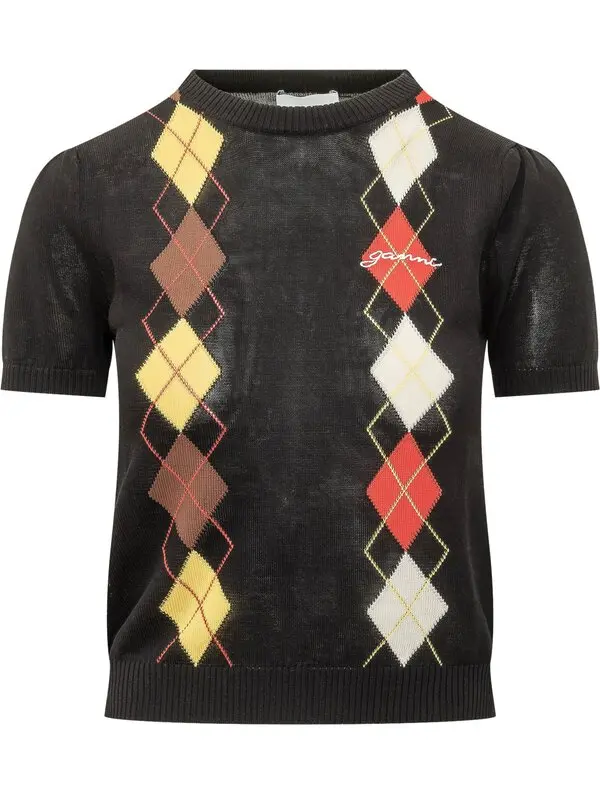 GANNI Cotton Argyle T-shirt - Black