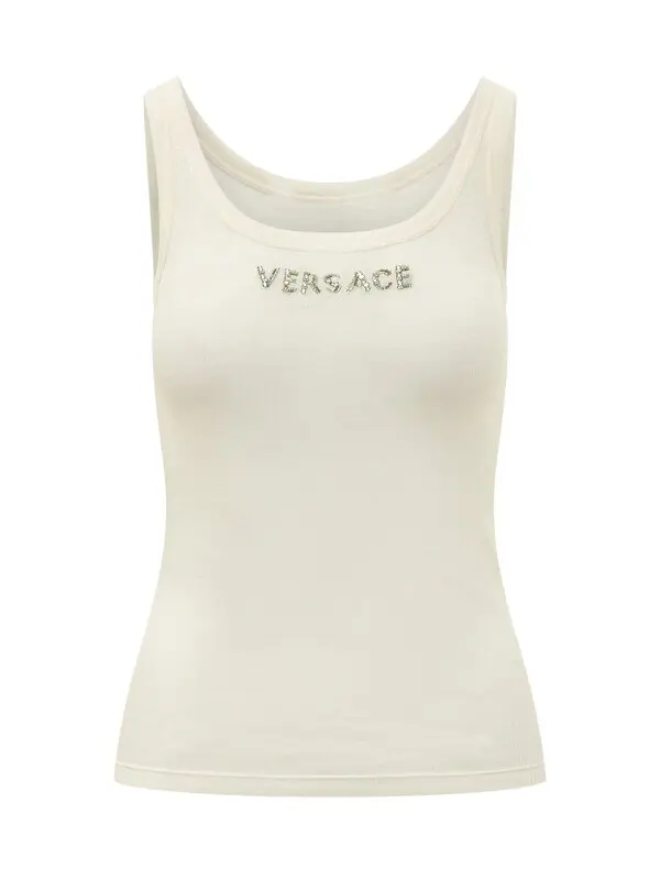 Versace Ribbed Tank Top With Logo Detail - Cream