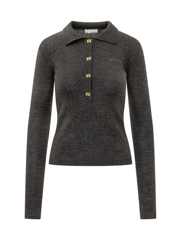 GANNI Ribbed Wool Polo - Phantom