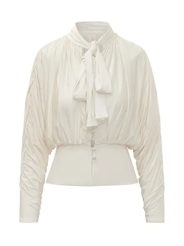 SELF-PORTRAIT Tie-neck T-shirt Top - Cream