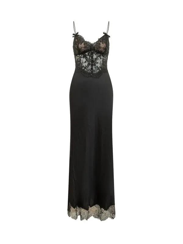 SELF-PORTRAIT Satin Lace Midi Dress - Black