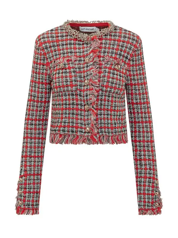 SELF-PORTRAIT Check Frayed Detail Jacket - Red