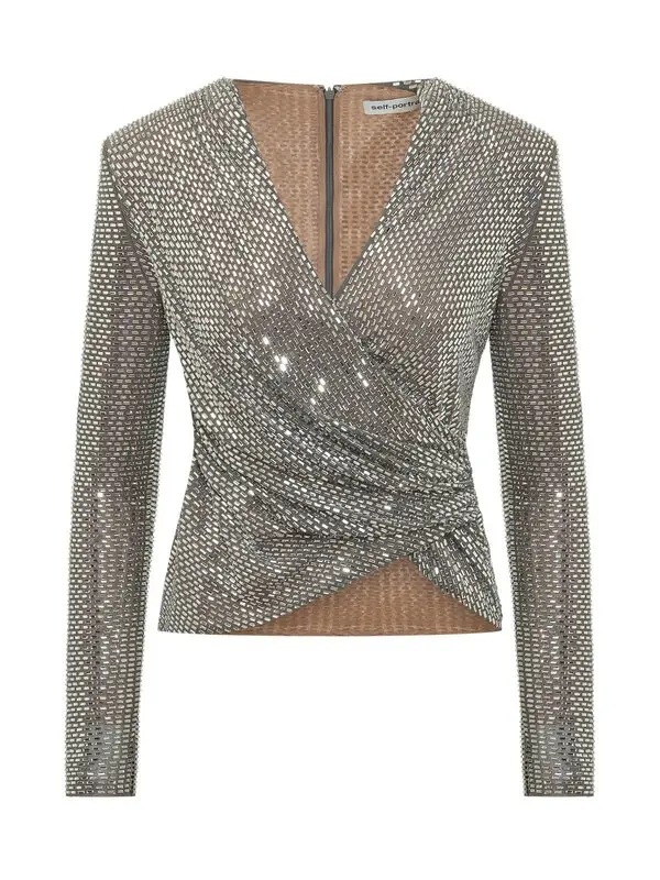 SELF-PORTRAIT Rhinestone Wrap Top - Grey