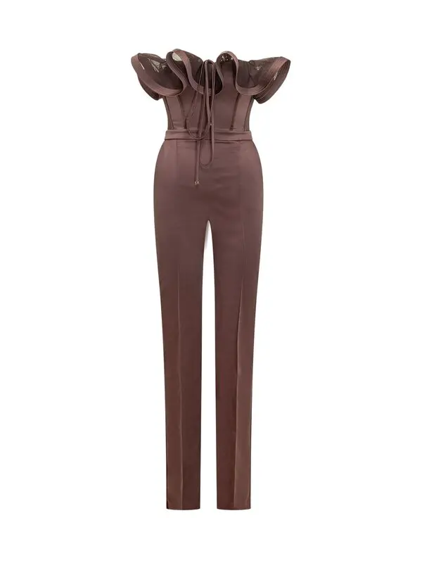 Elisabetta Franchi Draped Jumpsuit With Sparkling Accents - Cacao