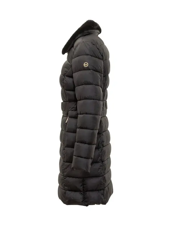 Michael Kors Chic Long Down Jacket With Belt And Fur Collar