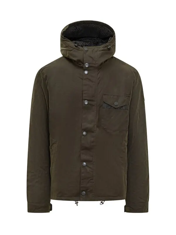 BARBOUR INTERNATIONAL Waxed Cotton Hooded Jacket With Shearling Lining - Olive