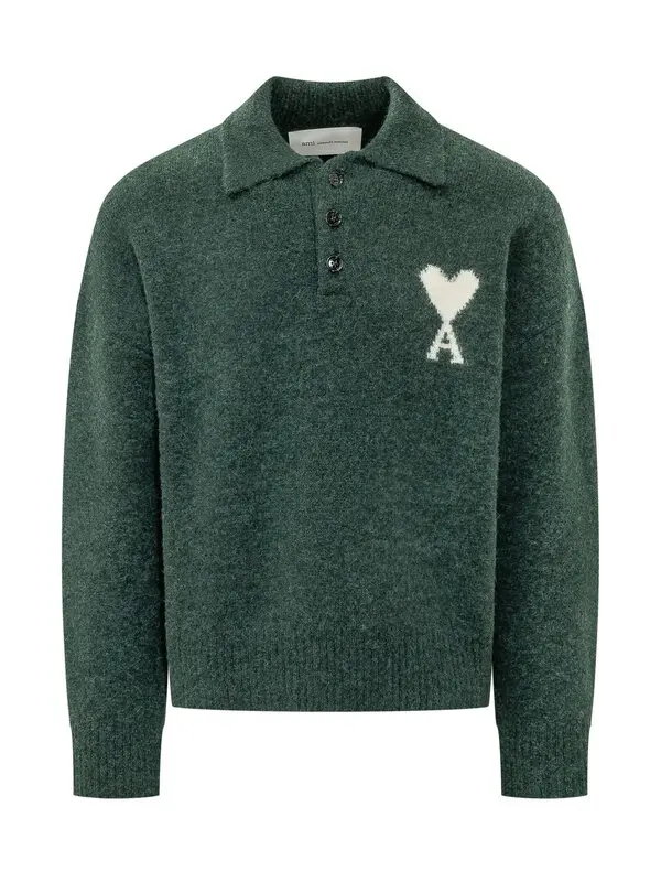 AMI Paris Contrast Trim Polo Sweater - Vert Bouteille