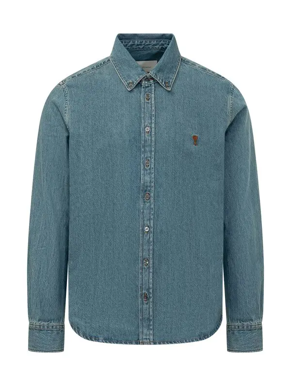 AMI Paris Logo Denim Shirt - Used Blue