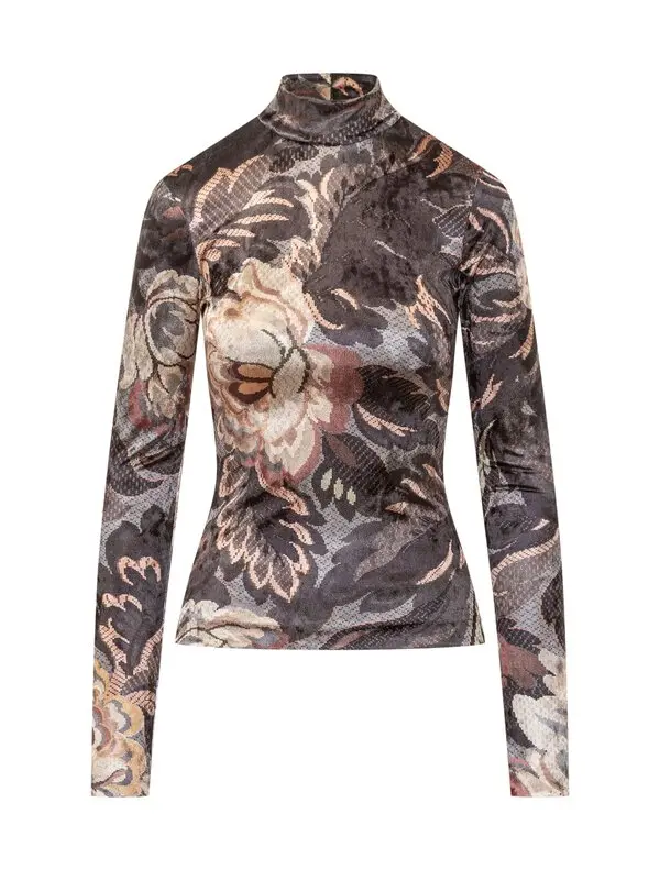 Etro Floral Print Long Sleeve Knit Top - Grigio