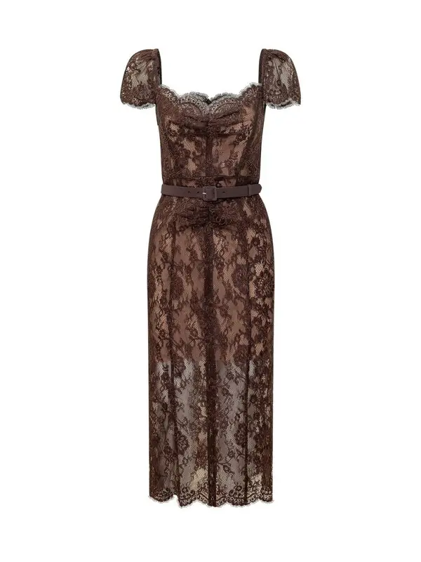 SELF-PORTRAIT Floral Lace Midi Dress - Brown