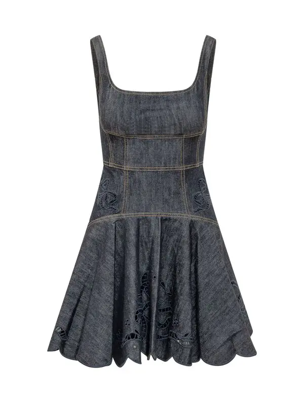 SELF-PORTRAIT Denim Bow Mini Dress - Blue