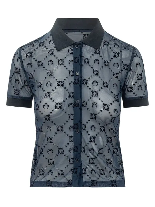 MARINE SERRE Flock Short Sleeve Polo Shirt - Navy