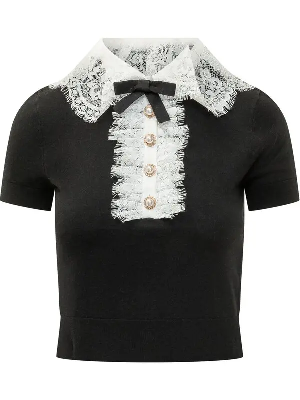 SELF-PORTRAIT Knit Thece Collar Top - Black