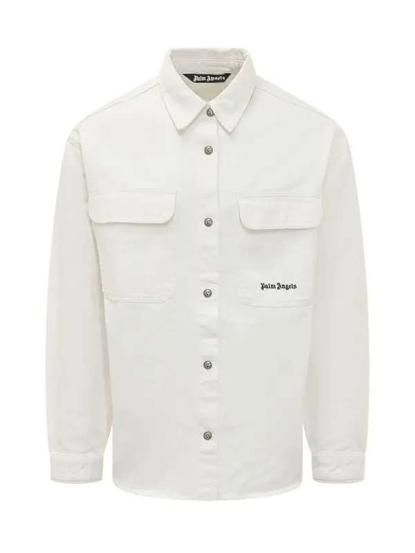 Palm Angels Logo Loose Denim Shirt - Off White Black