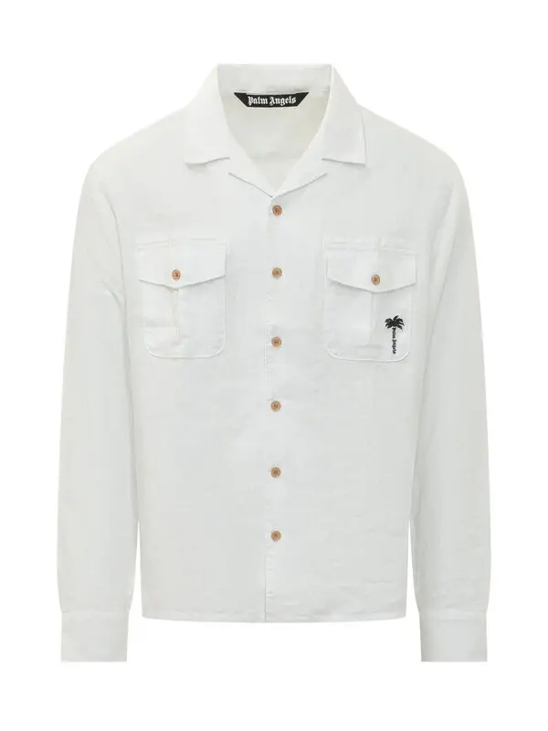 Palm Angels Linen Long Sleeve Shirt - White Black