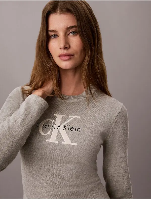 Calvin Klein Monogram Logo Long Sleeve Mini Dress - Grey Heather