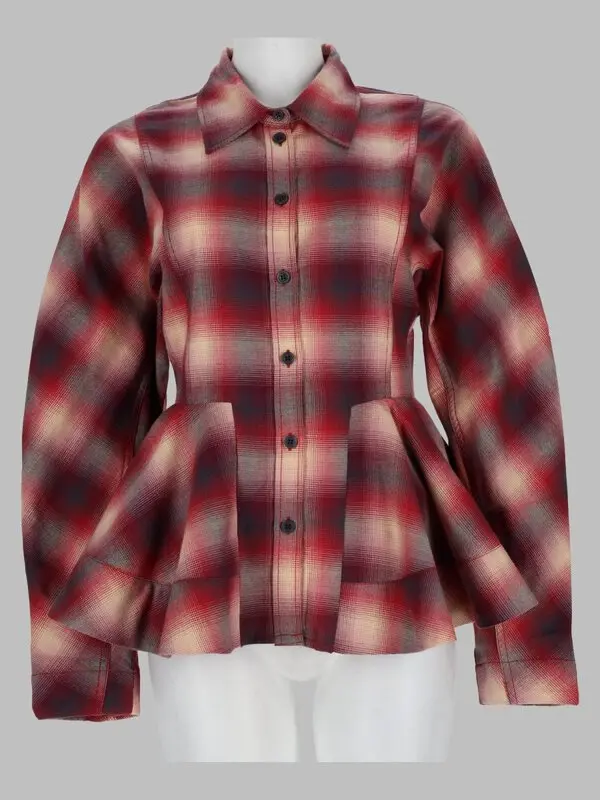 GANNI Plaid Button Up Peplum Blouse - Multicolor