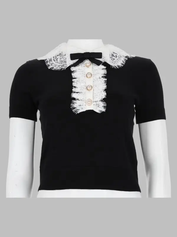 SELF-PORTRAIT Short Sleeve Wool Top - Black