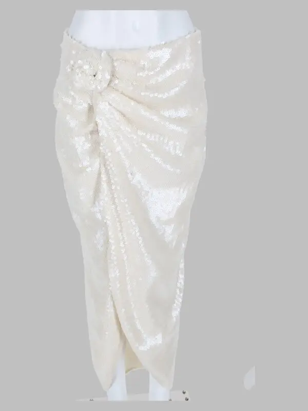 ROTATE BY BIRGER CHRISTENSEN Sequined Asymmetrical Midi Skirt - Cream