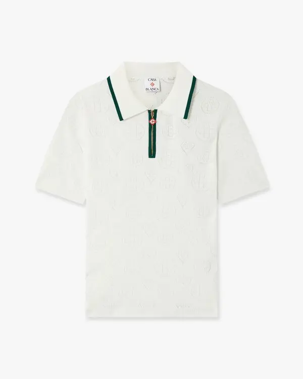 Casablanca White Pointelle Monogram Short Sleeve Cropped Polo Shirt - Green