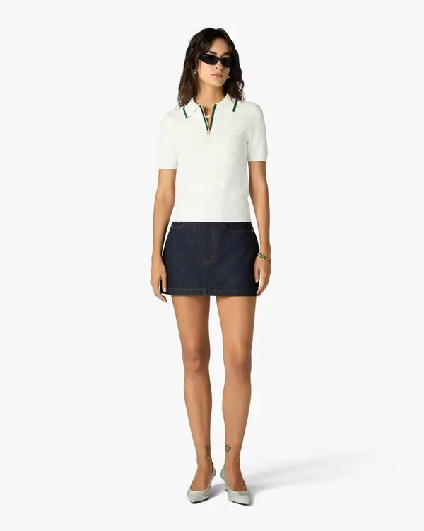 Casablanca White Pointelle Monogram Short Sleeve Cropped Polo Shirt