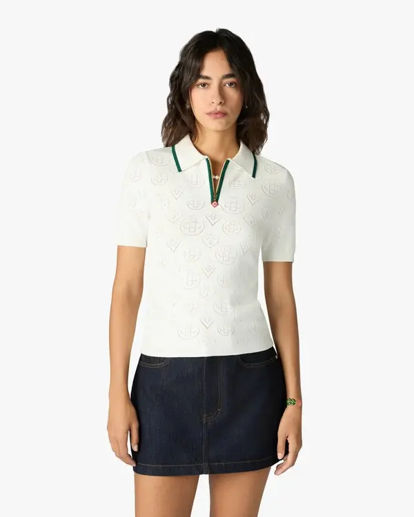 Casablanca White Pointelle Monogram Short Sleeve Cropped Polo Shirt