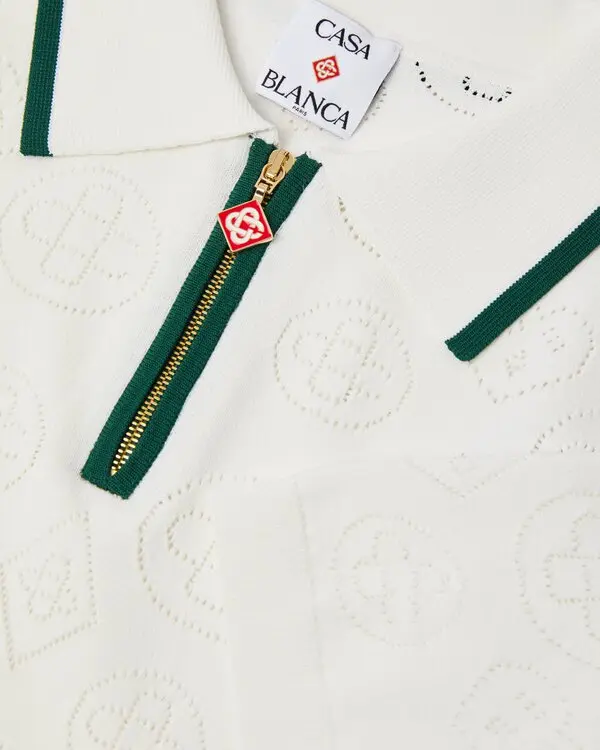Casablanca White Pointelle Monogram Short Sleeve Cropped Polo Shirt