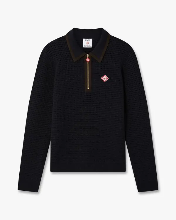 Casablanca Navy Wool Waffle Stitch Long Sleeve Polo Shirt - Brown
