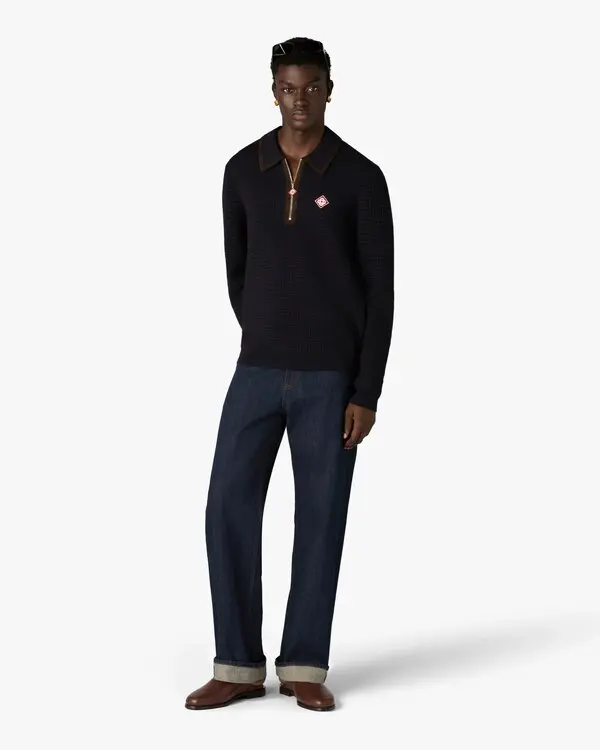Casablanca Navy Wool Waffle Stitch Long Sleeve Polo Shirt