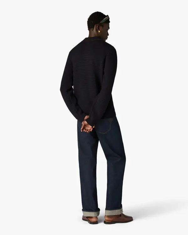 Casablanca Navy Wool Waffle Stitch Long Sleeve Polo Shirt