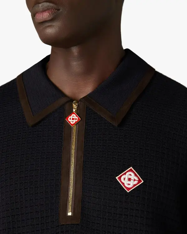 Casablanca Navy Wool Waffle Stitch Long Sleeve Polo Shirt