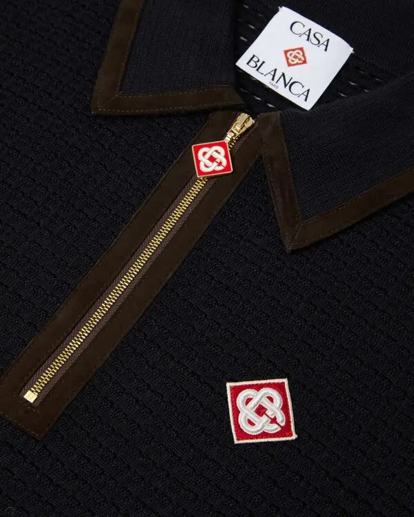 Casablanca Navy Wool Waffle Stitch Long Sleeve Polo Shirt