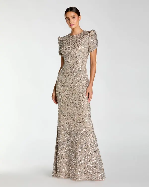 Mac Duggal Petite Beige Sequin Trumpet Gown With Puff Sleeves - Neutral