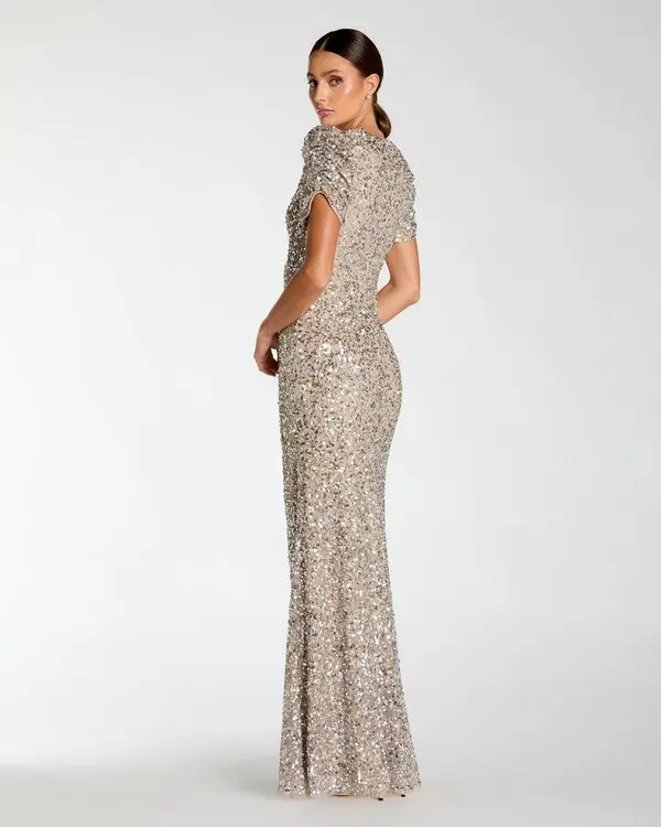 Mac Duggal Petite Beige Sequin Trumpet Gown With Puff Sleeves