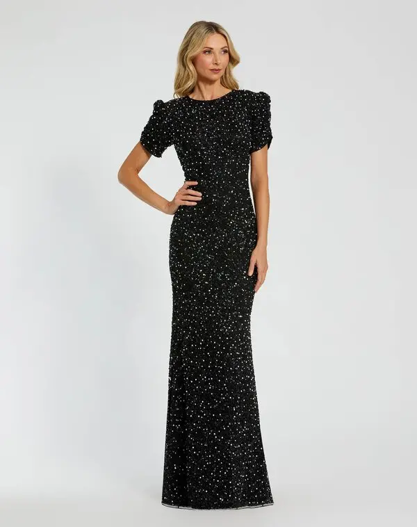 Mac Duggal Petite Gathered Short Sleeve Embellished Gown - Black