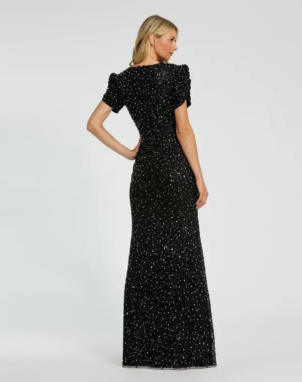 Mac Duggal Petite Gathered Short Sleeve Embellished Gown