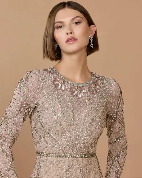 MAC DUGGAL COLLECTION Rhinestone Embellished Long Sleeve A-line Gown - Rose