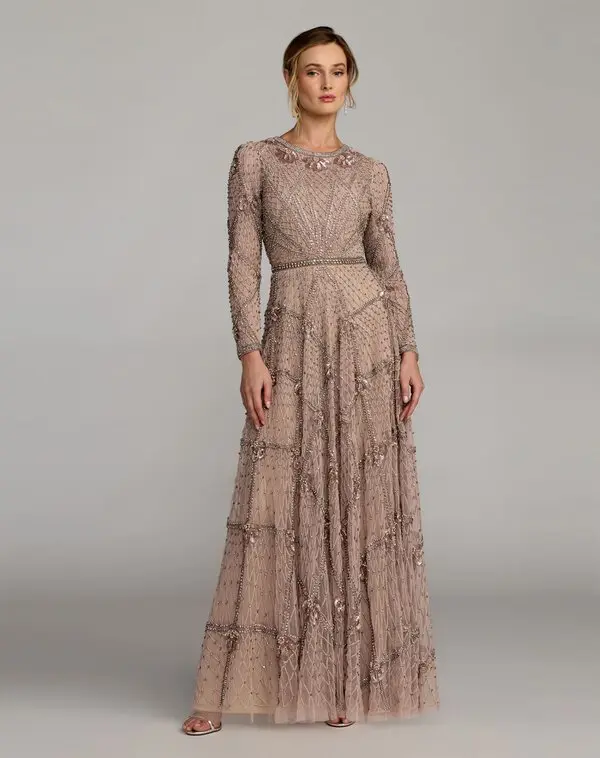 MAC DUGGAL COLLECTION Rhinestone Embellished Long Sleeve A-line Gown