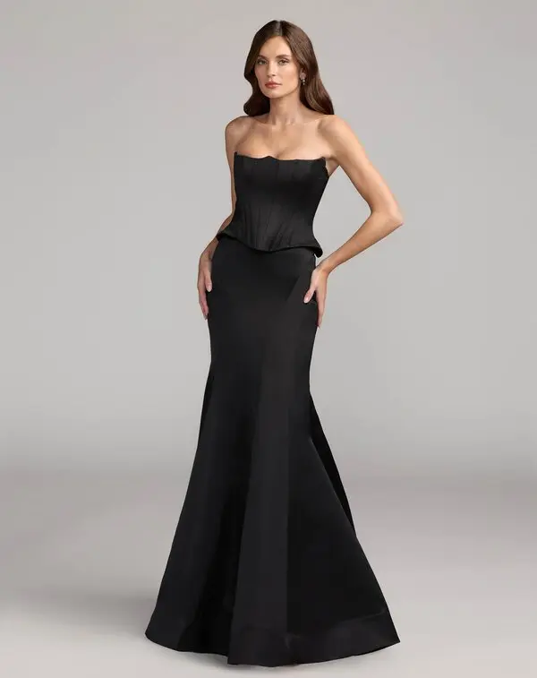 Mac Duggal Strapless Satin Corset Peplum Gown - Black