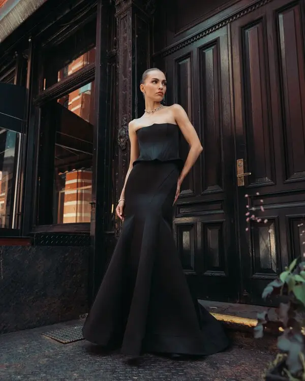 Mac Duggal Strapless Satin Corset Peplum Gown