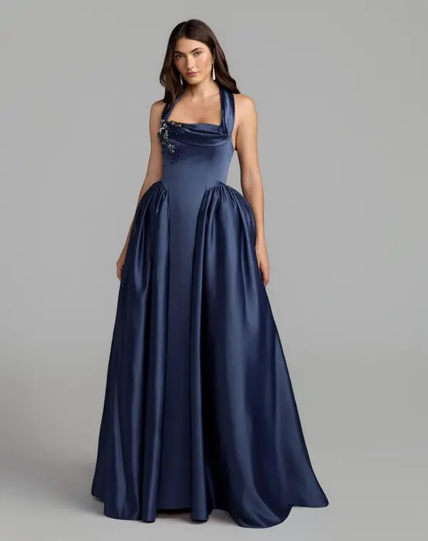 Mac Duggal Blue Sleeveless Open Back Satin Ball Gown - Sapphire