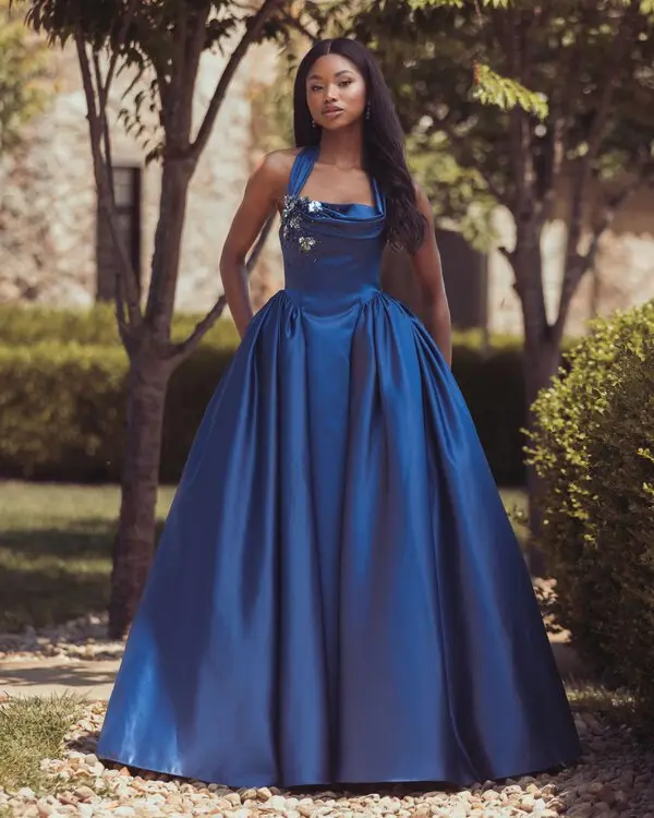 Mac Duggal Blue Sleeveless Open Back Satin Ball Gown