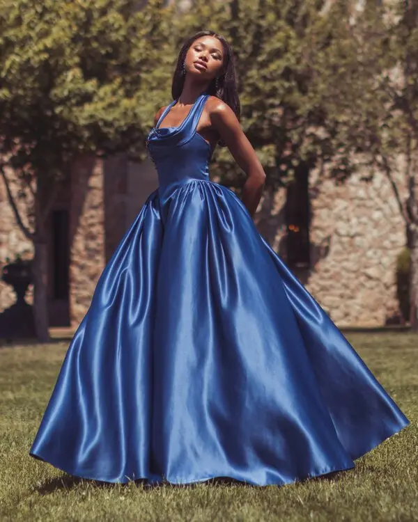 Mac Duggal Blue Sleeveless Open Back Satin Ball Gown
