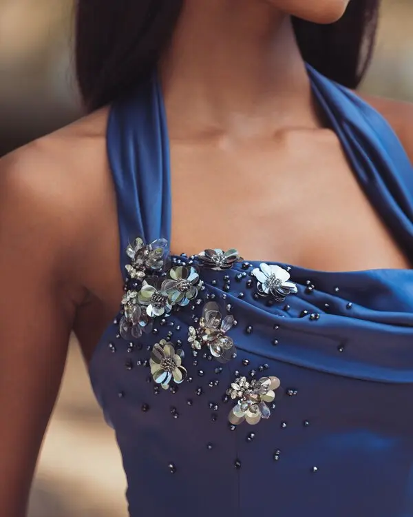 Mac Duggal Blue Sleeveless Open Back Satin Ball Gown