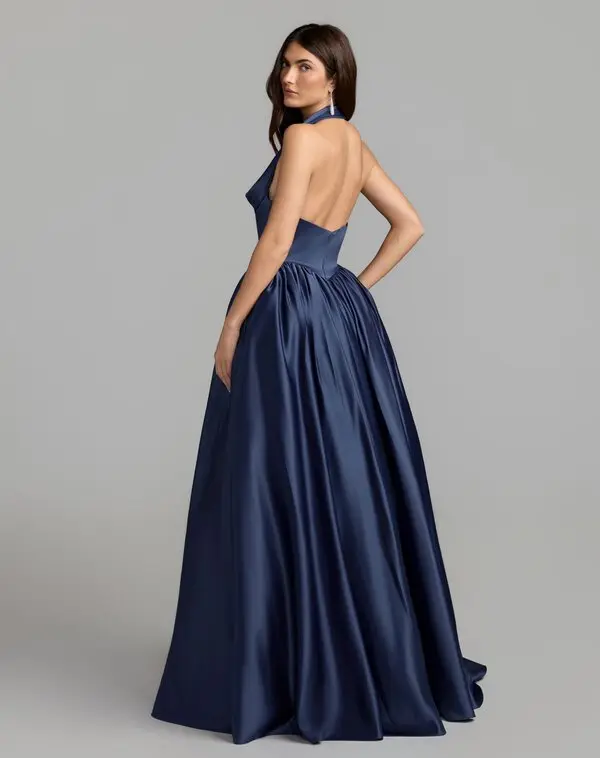 Mac Duggal Blue Sleeveless Open Back Satin Ball Gown