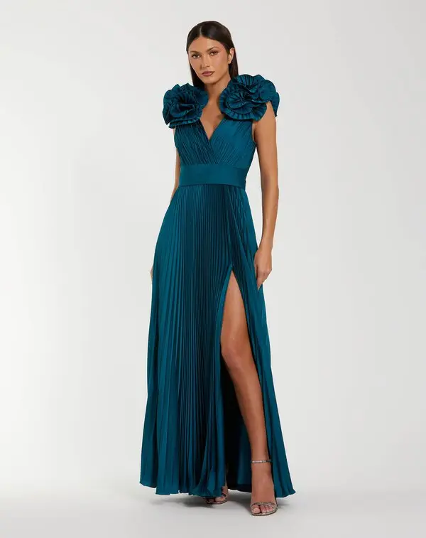 Mac Duggal Blue Ruffle Shoulder Pleated Gown With Slit - Ocean