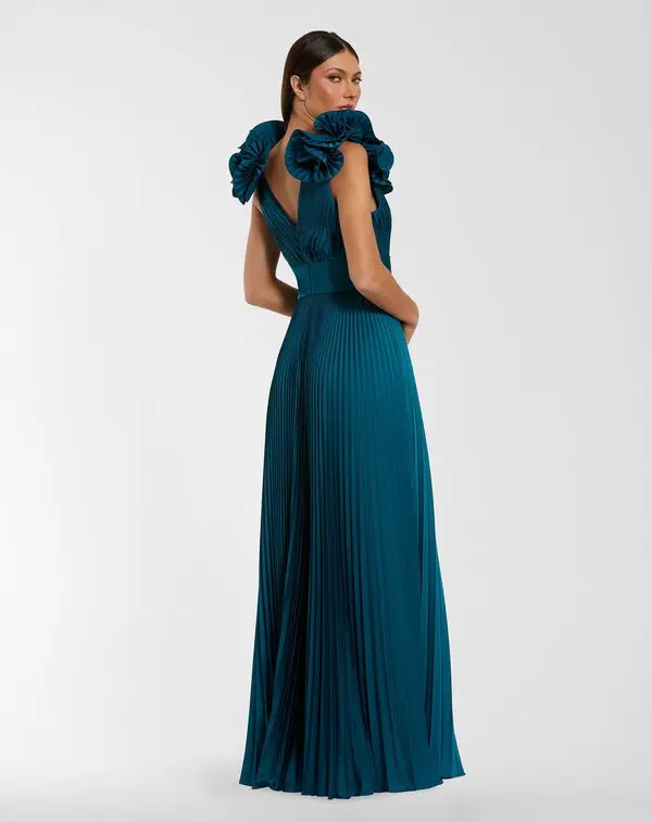 Mac Duggal Blue Ruffle Shoulder Pleated Gown With Slit
