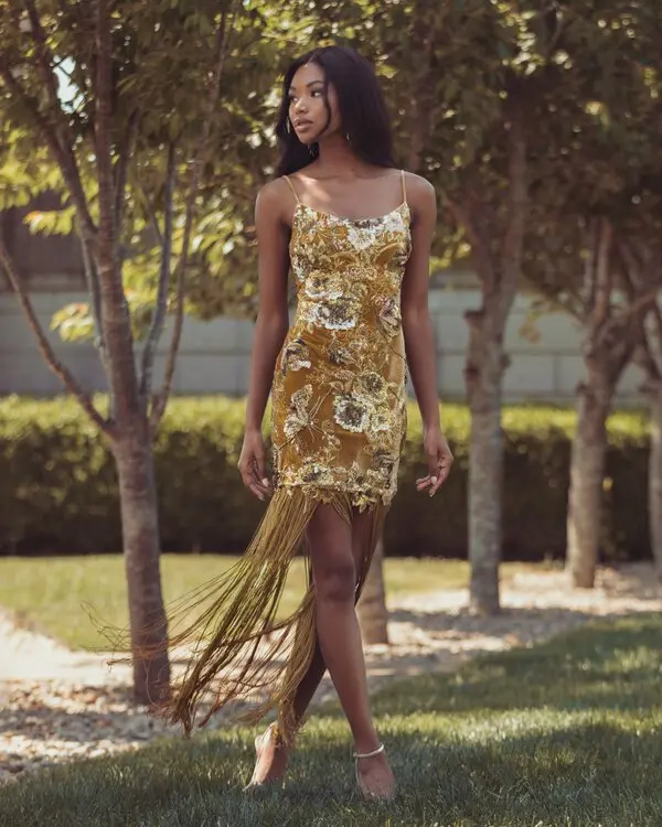 Mac Duggal Embellished Fringe Maxi Dress